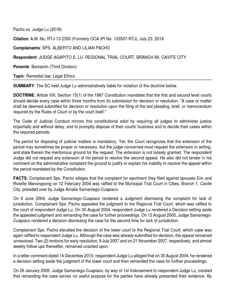 Pacho vs. Judge Lu Digest | PDF | Judgment (Law) | Complaint