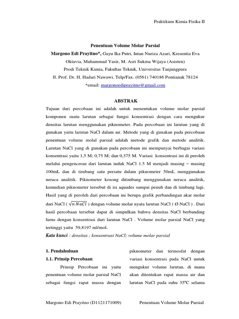 Laporan Volume Molar Parsial KIMFIS 2 Margono | PDF