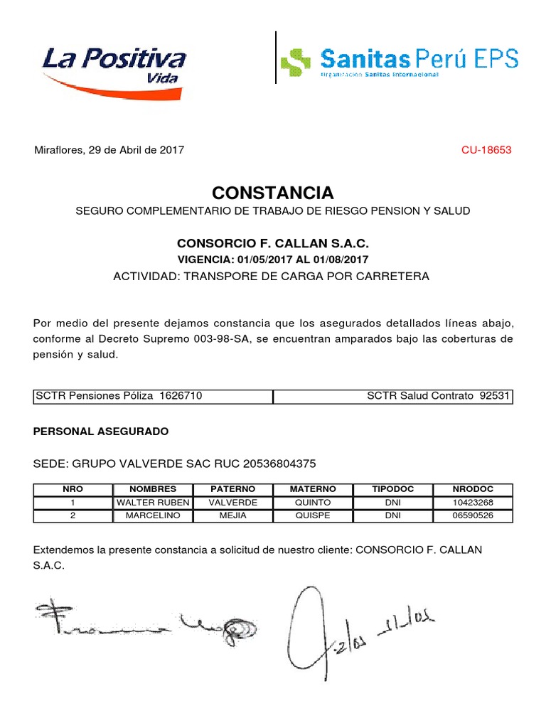 Constancia de Seguro SCTR 2017 | PDF