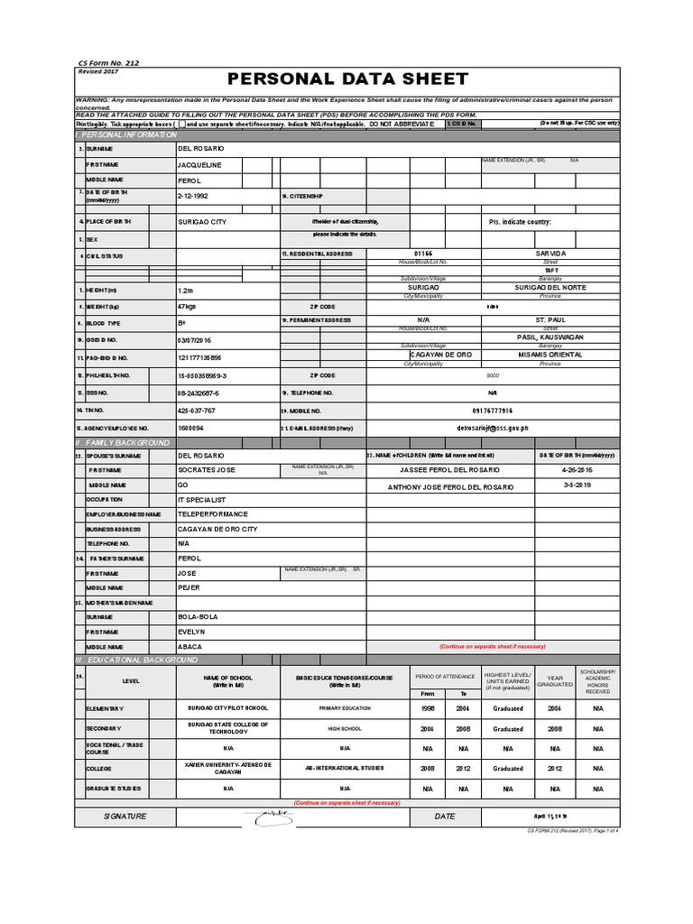 CS Form No. 212 Personal Data Sheet 2019 | PDF | Business