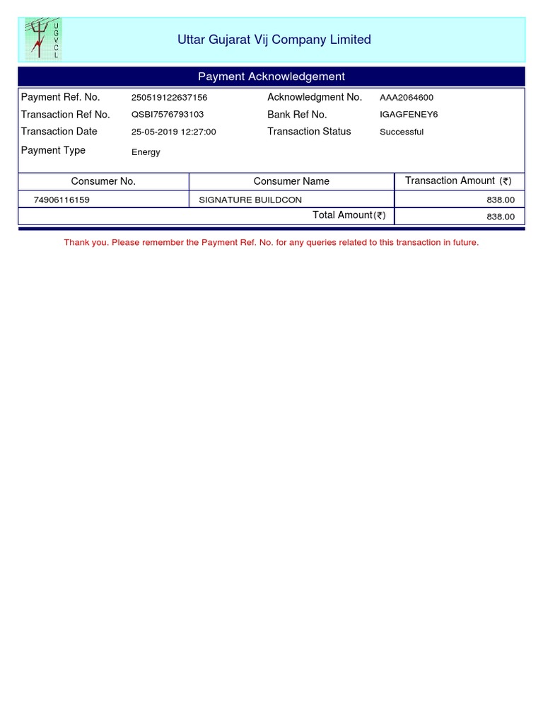 Uttar Gujarat Vij Payment Acknowledgment | PDF | Business | Finance ...
