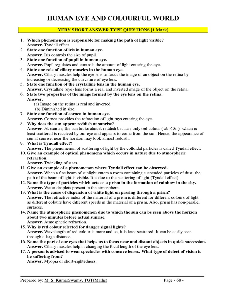 06 Human Eye and Colourful World Chapter Wise Important Questions PDF ...