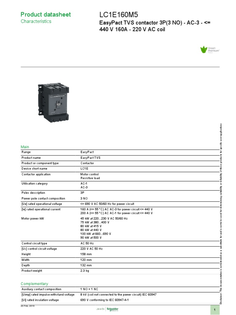 EasyPact TVS Contactor LC1E160M5 Datasheet | PDF | Alternating Current ...