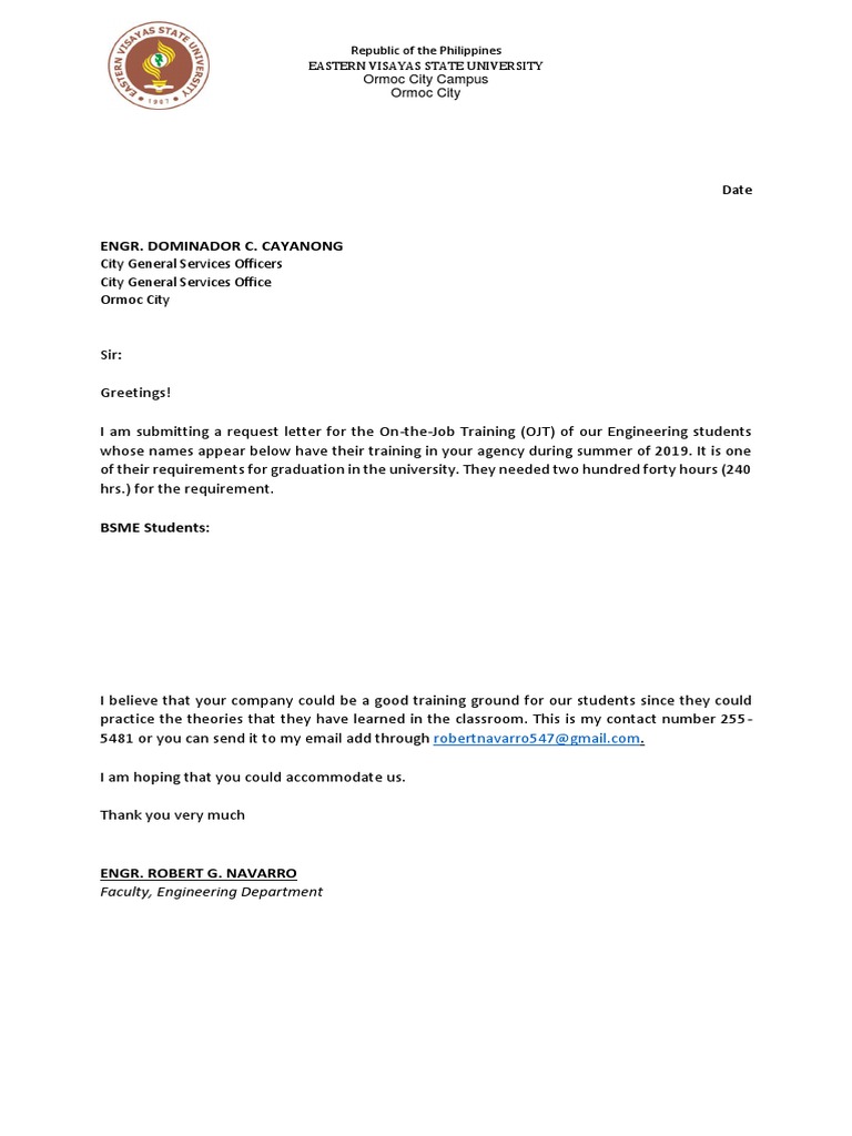 OJT Request for Engineering Students | PDF