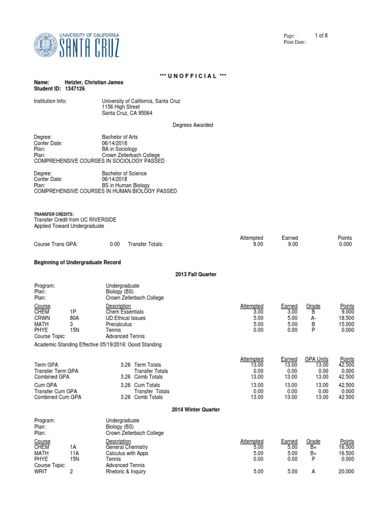 Ucsc Transcript | PDF | Science | Educational Assessment And Evaluation