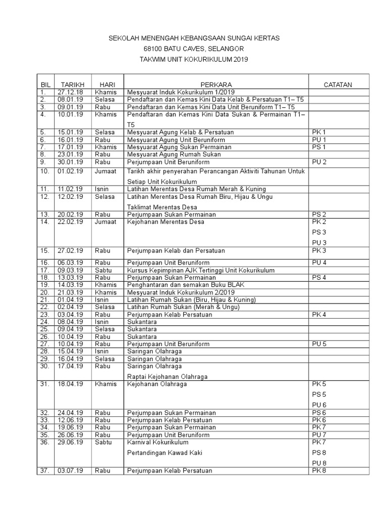 Contoh Takwim Kelab Kebudayaan | PDF