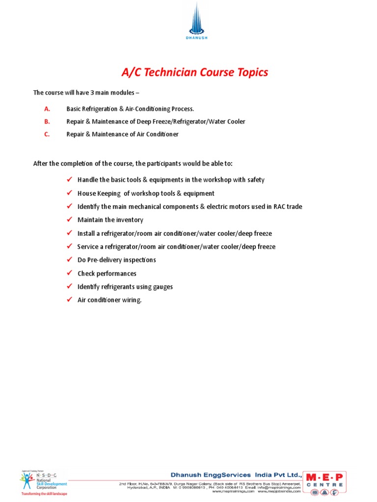 A/C Technician Course Topics | PDF | Air Conditioning | Refrigerator