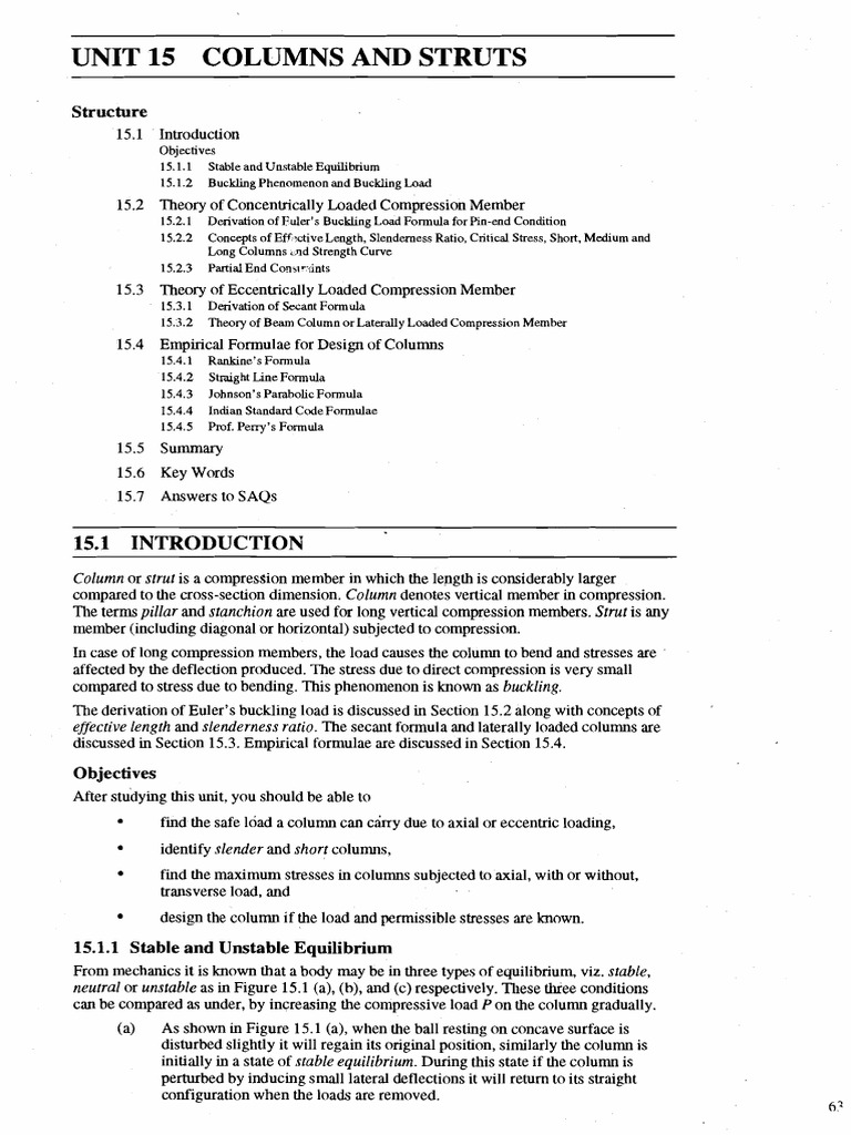 Columns and Struts Unit-15 | PDF | Buckling | Column