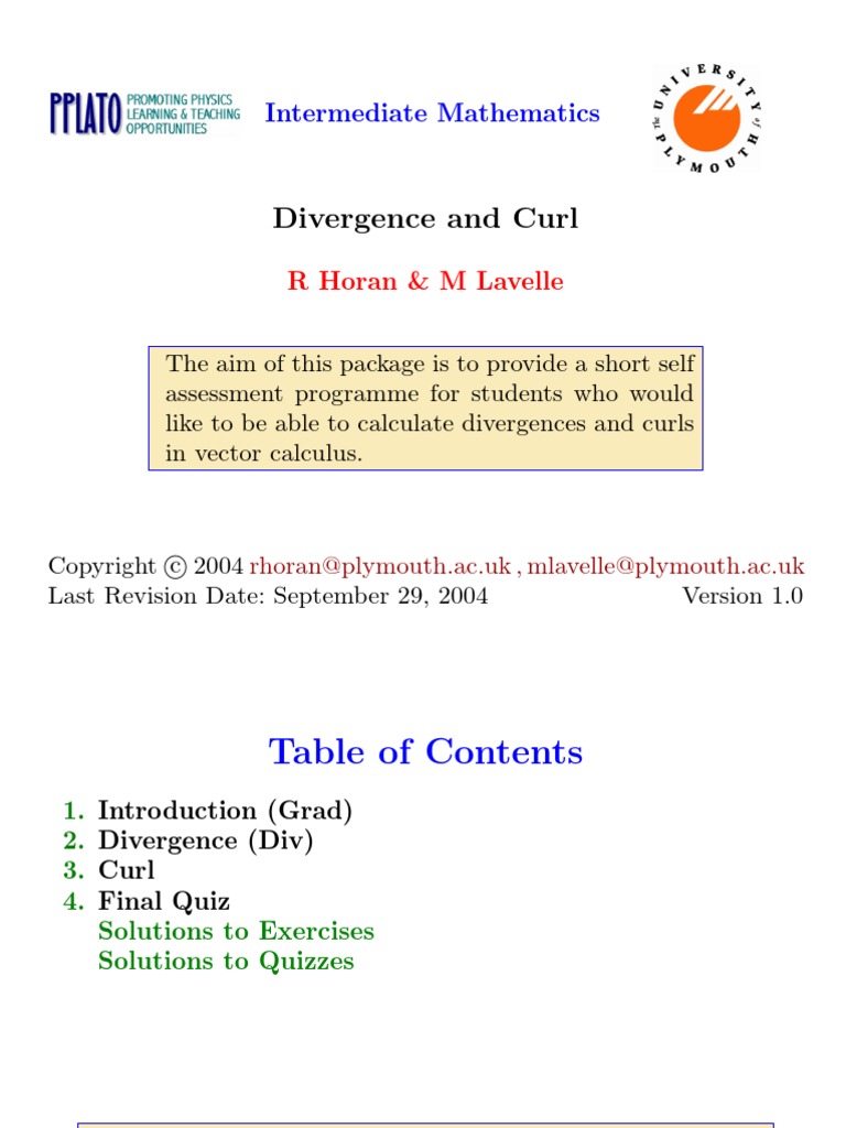 Divergence and Curl: Intermediate Mathematics | Download Free PDF ...