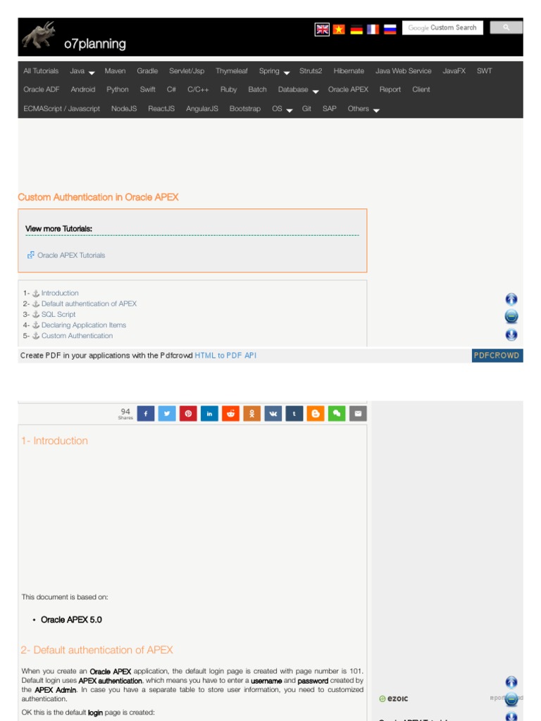 Custom Authentication in Oracle Apex | PDF | Oracle Corporation | Dynamic Web Page