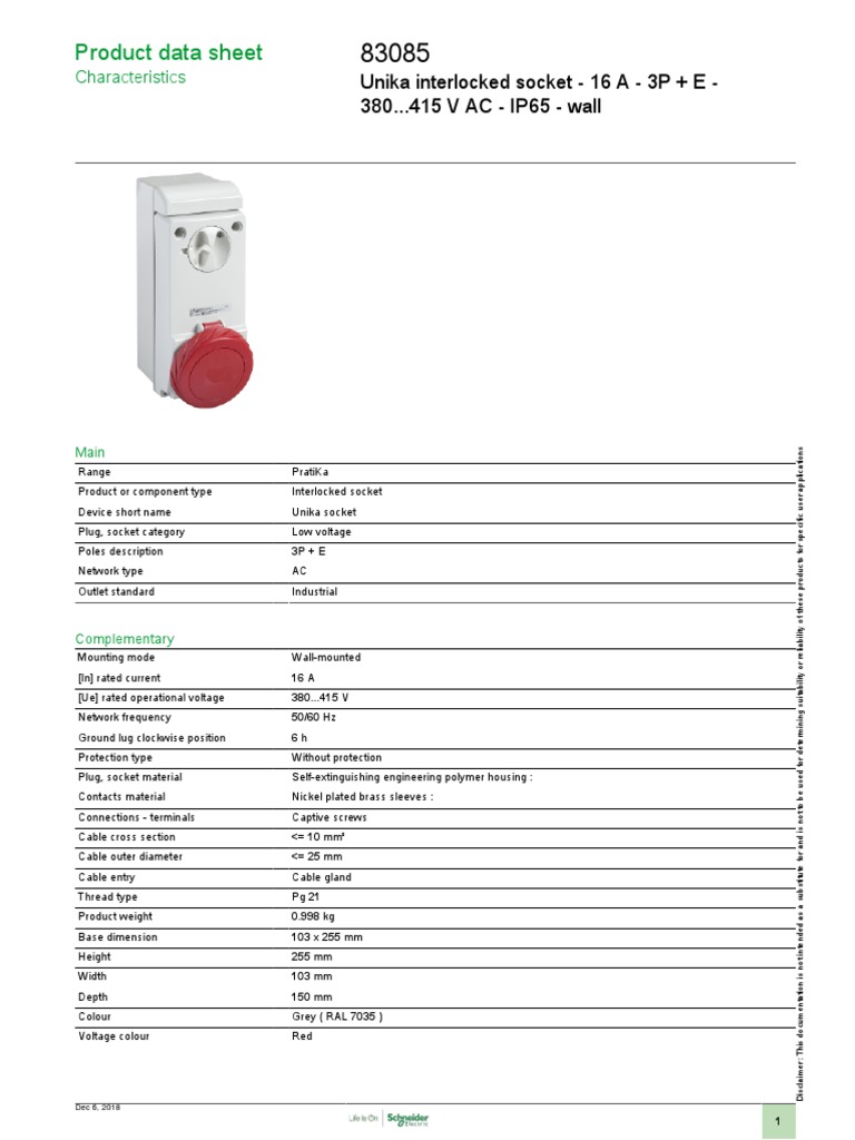 Product Data Sheet: Unika Interlocked Socket - 16 A - 3P + E - 380 ...