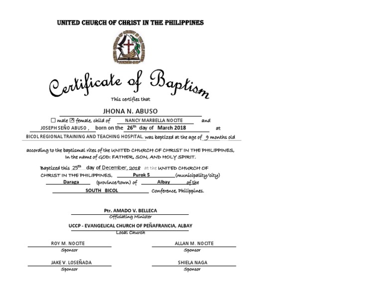 UCCP Baptismal Certificate Sample | PDF