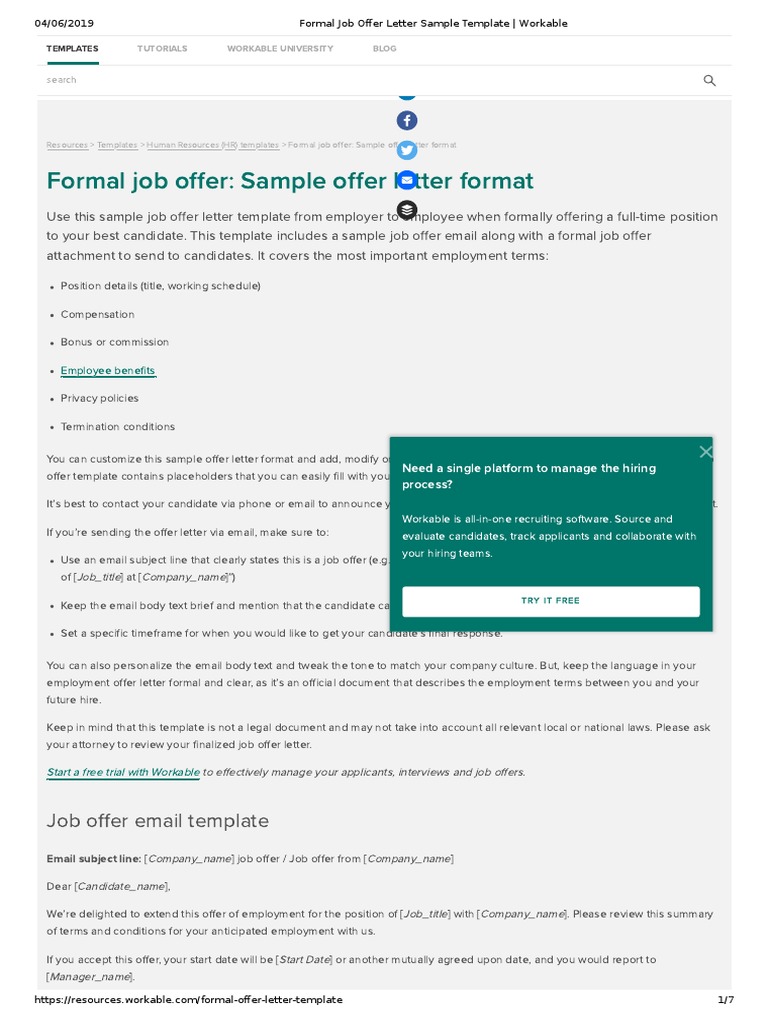 Formal Job Offer Letter Sample Template - Workable | PDF | Payroll ...