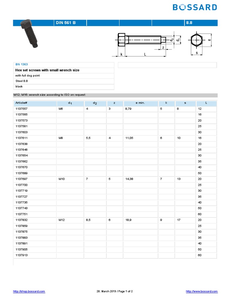 DIN 561 B 8.8: Hex Set Screws With Small Wrench Size | PDF | Crafts ...