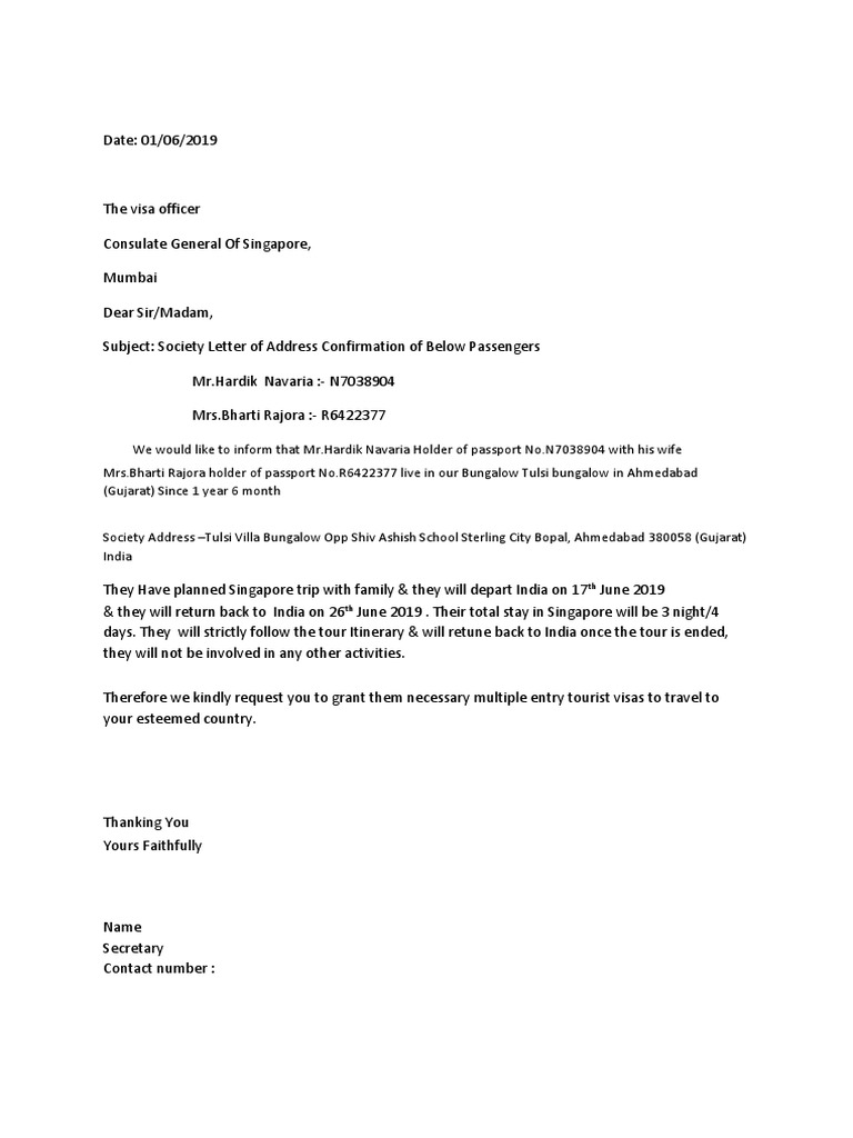 Visa confirmation letter for Singapore trip | PDF