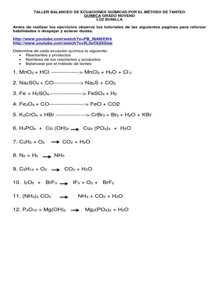 Taller Balanceo de Ecuaciones Quimicas Por El Metodo de Tanteo | PDF
