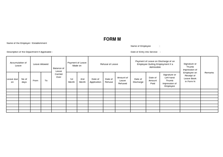 Form M-Leave Register | PDF | Employee | Government
