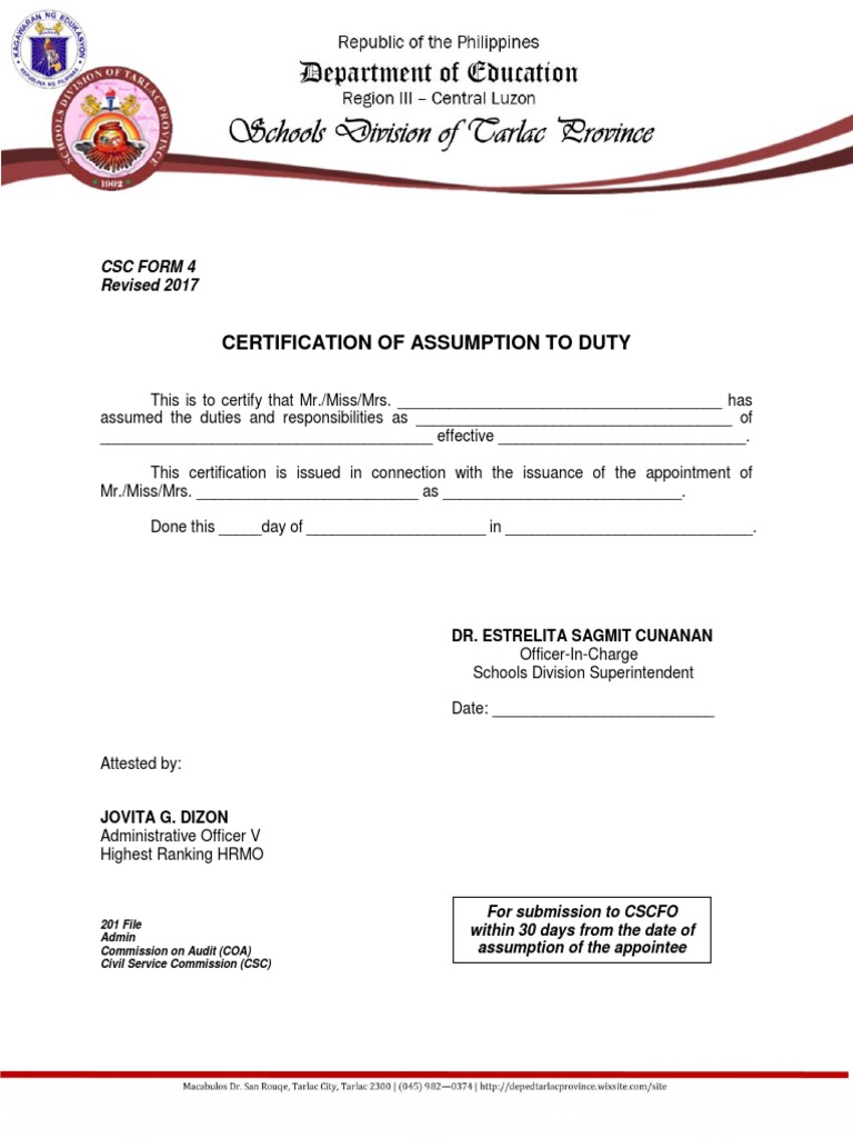 CSC FORM 4 Revised 2017 Assumption of Duty Certification | PDF