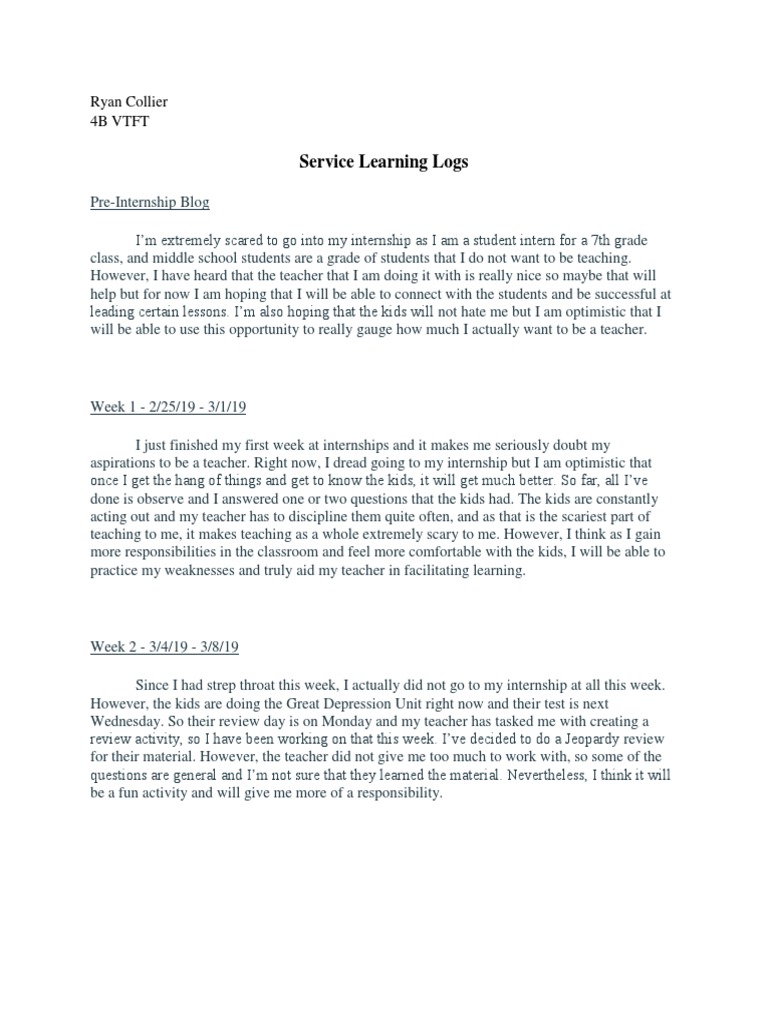 Student Internship Reflection Logs | PDF | Service Learning | Classroom