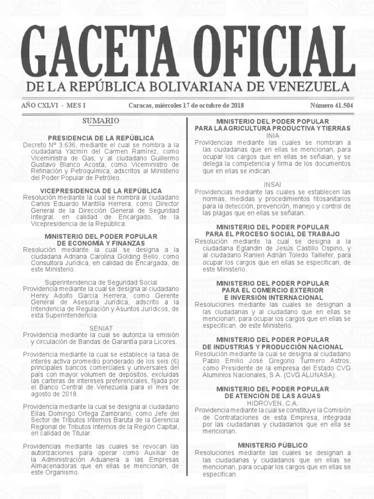 Providencia Oficiales de INSAI | Descargar gratis PDF | Venezuela | Nicolás Maduro