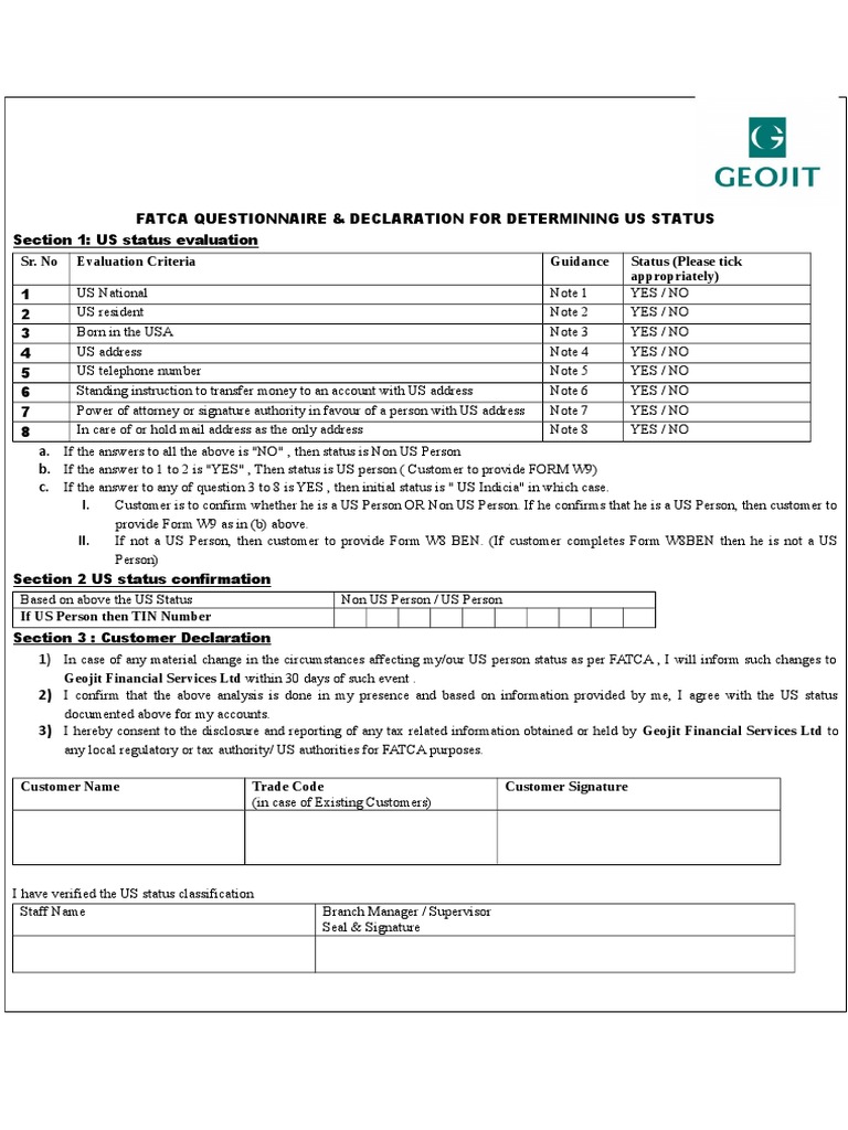 FATCA US Status Evaluation Form | PDF | The United States | Government