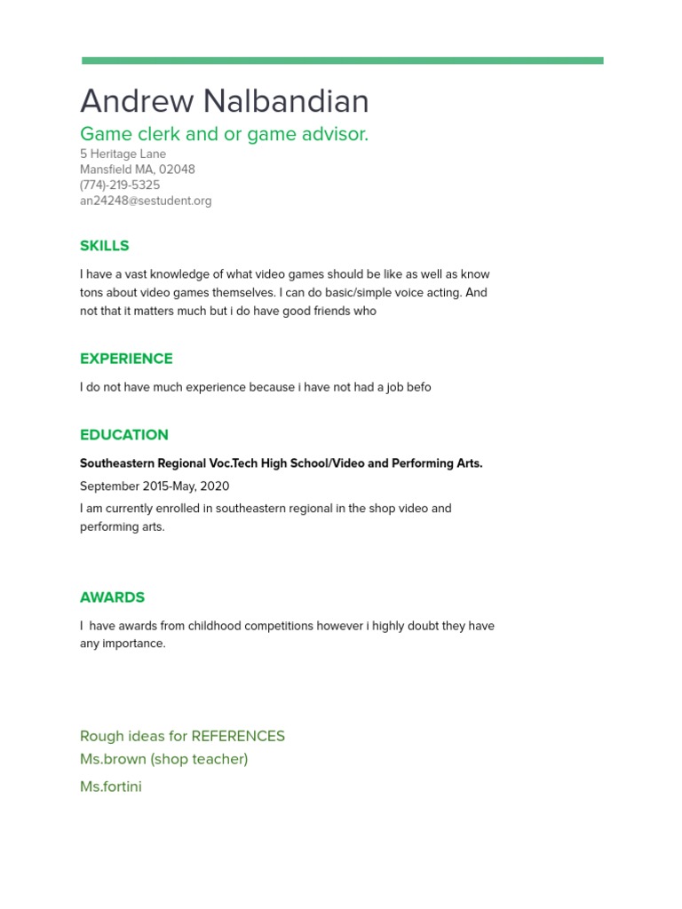 Andrew Nalbandian: Game Clerk and or Game Advisor | PDF