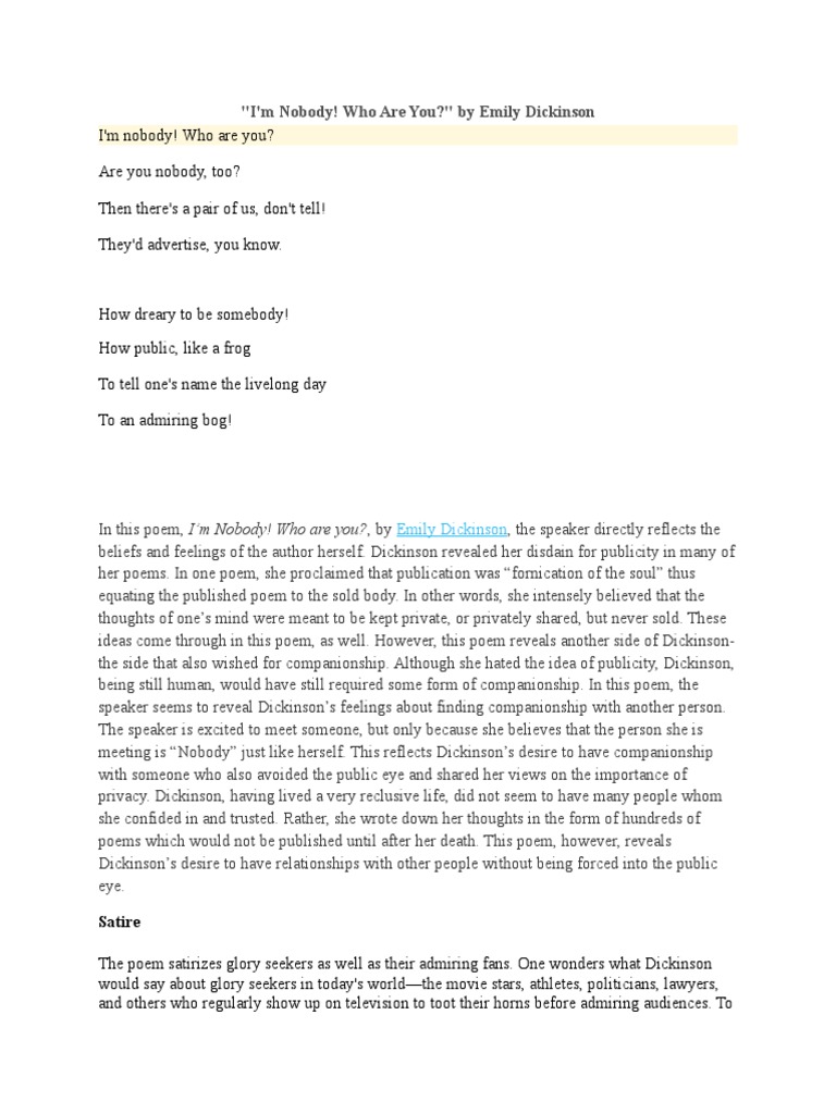 "I'm Nobody! Who Are You?" by Emily Dickinson | PDF | Emily Dickinson ...