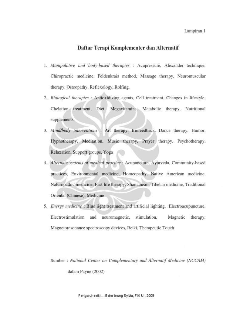 Daftar Terapi Komplementer Dan Alternatif: Pengaruh Reiki..., Ester Inung Sylvia, FIK UI, 2008 ...