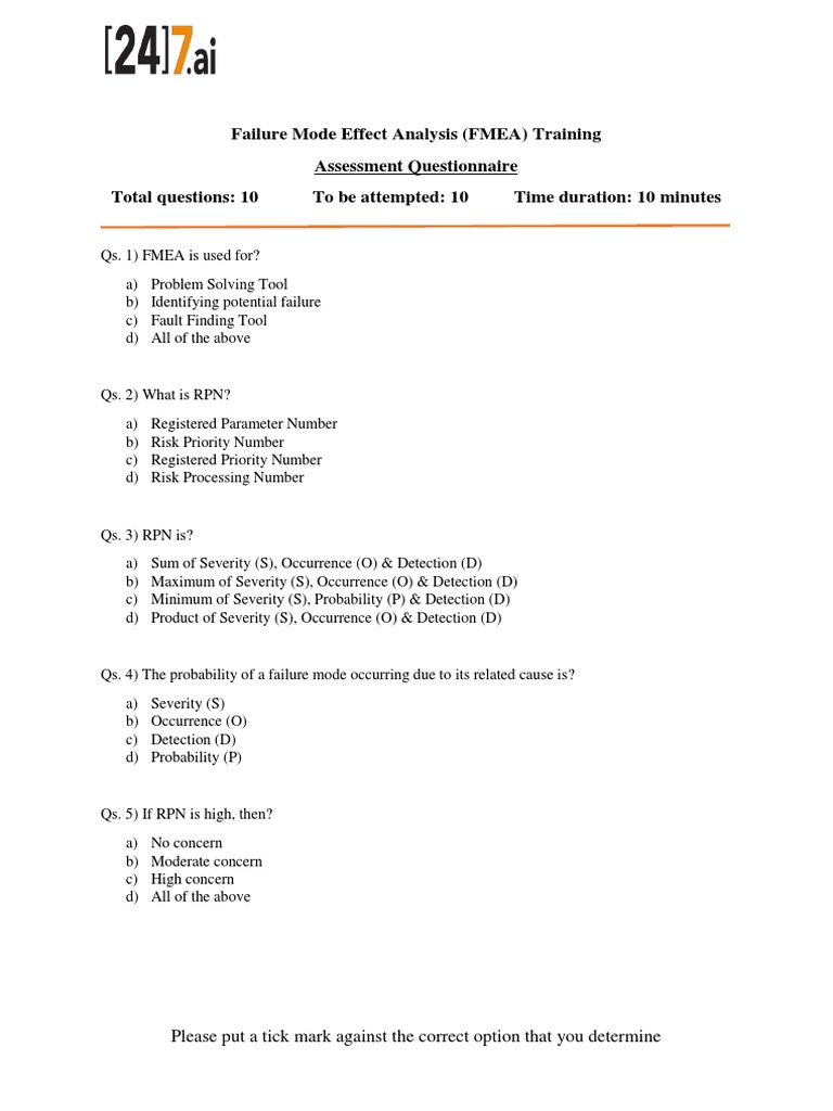 Failure Mode Effect Analysis (FMEA) Training Assessment Questionnaire ...