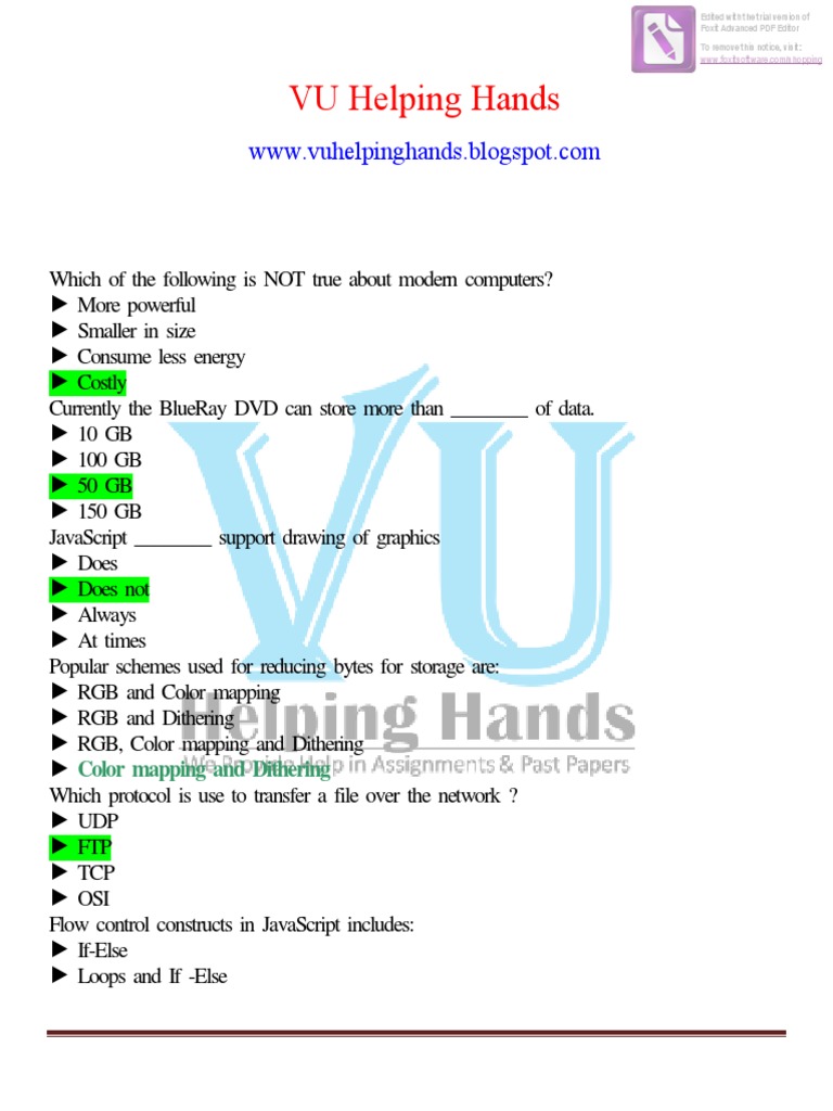 CS101 Solved MCQs Mega File For Mid Term Papers With 115 Pages | PDF | File Transfer Protocol ...