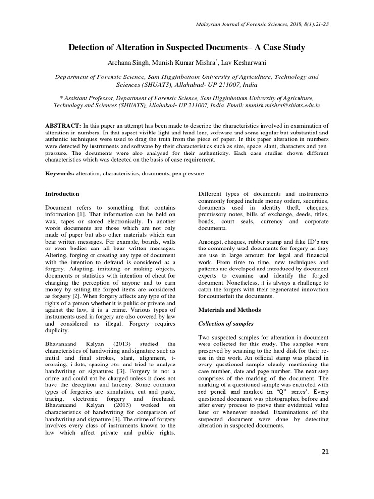 Detection of Alteration in Suspected Documents - A Case Study | PDF ...