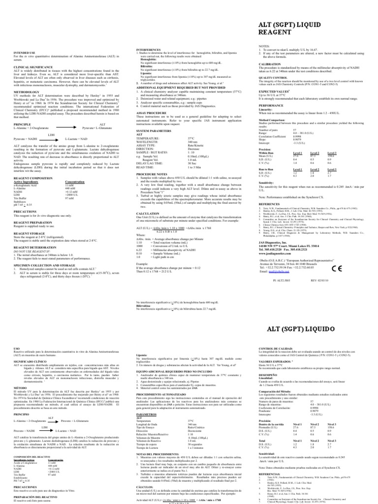 ALT Liquid Reagent Notes | PDF | Alanine Transaminase | Lactate ...