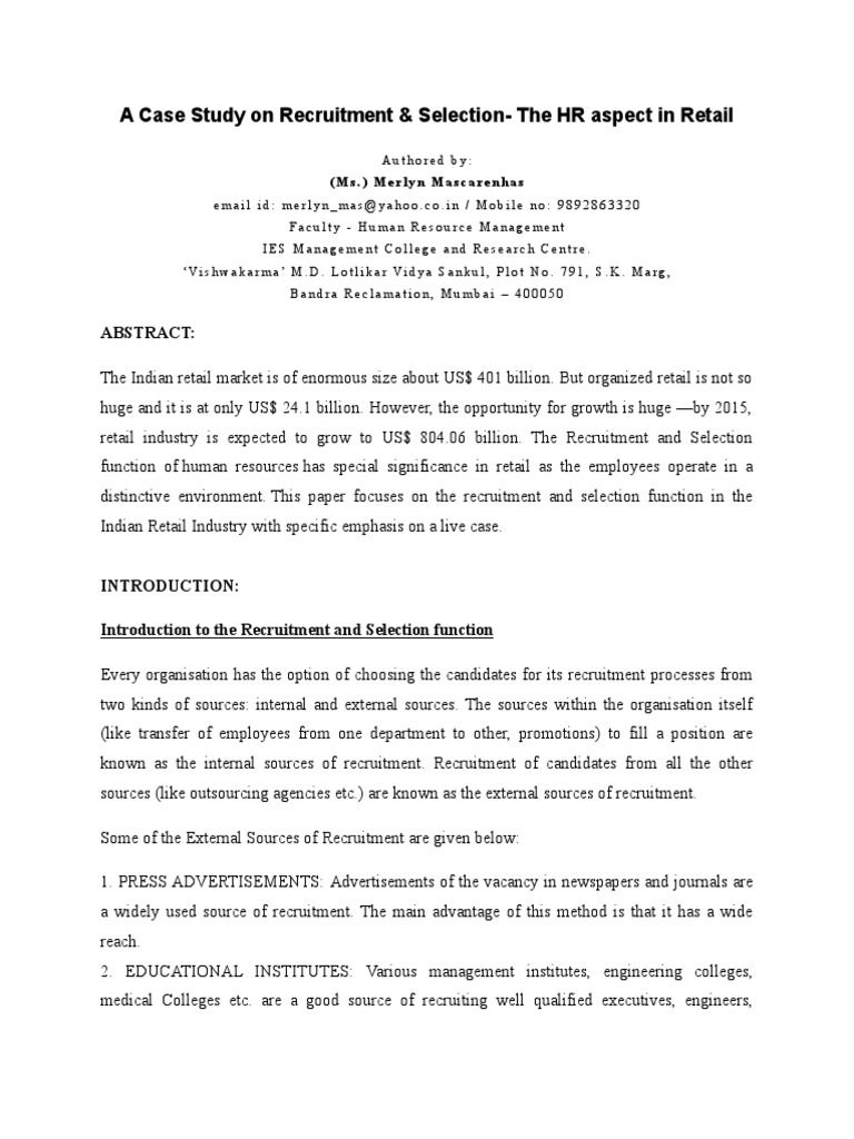 A Case Study On Recruitment & Selection-The HR Aspect in Retail | PDF ...