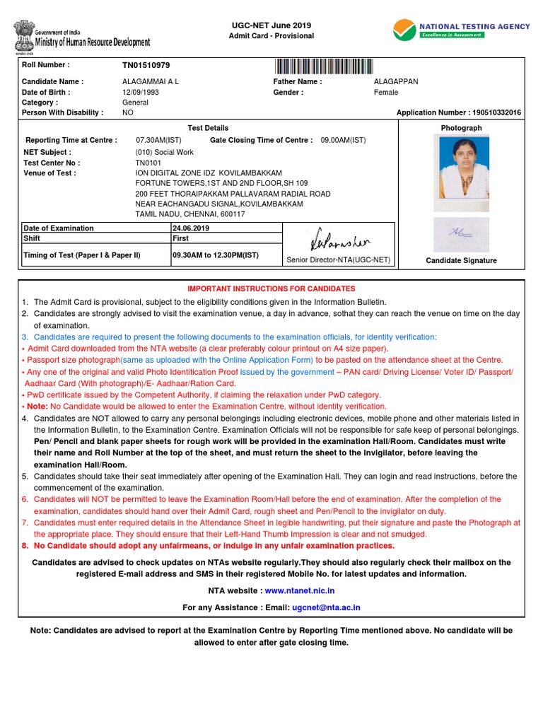UGC-NET June 2019 Admit Card | PDF | Identity Document | Official Documents