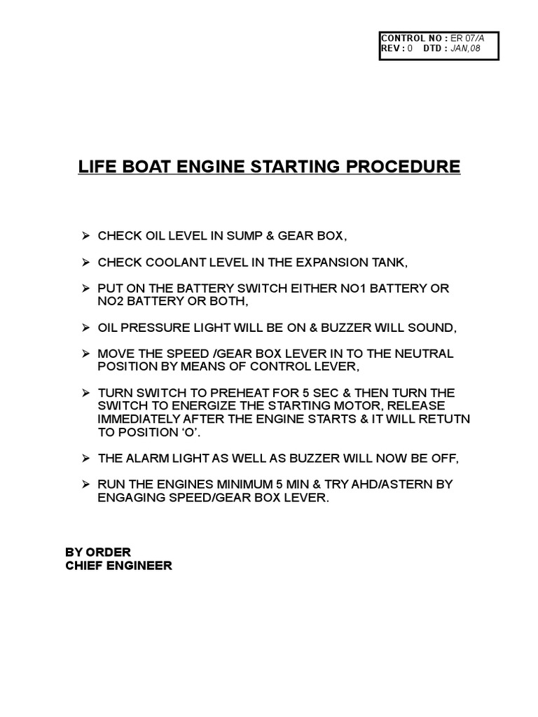 Lifeboat Engine Starting Procedure | PDF