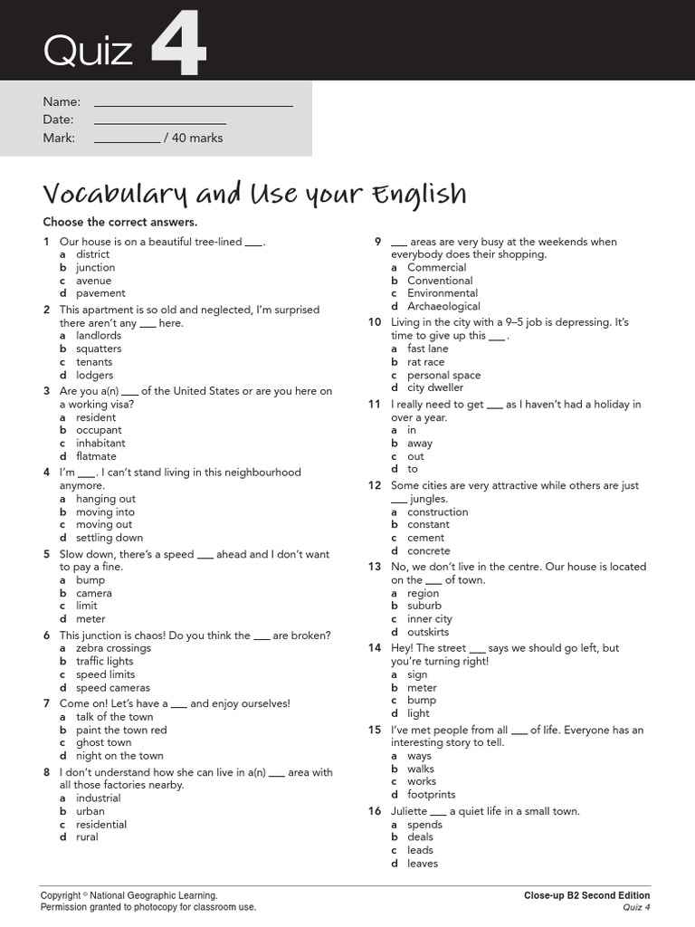 Quiz 4, Vocabulary and Use of English