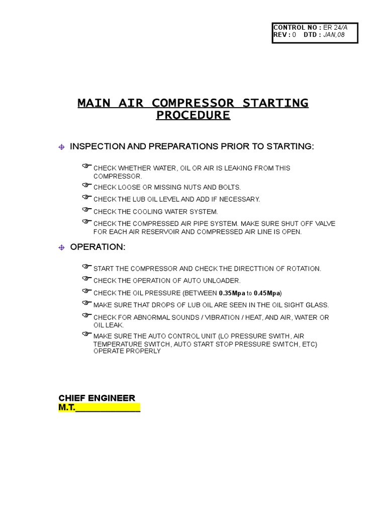 Main Air Compressor Starting Procedure | PDF | Technology & Engineering