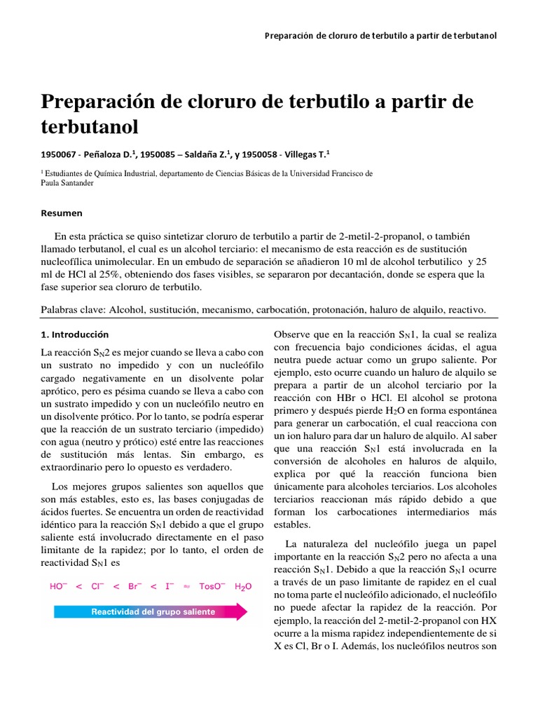 Informe Síntesis de Cloruro de Terbutilo | PDF | Ácido | Química Orgánica