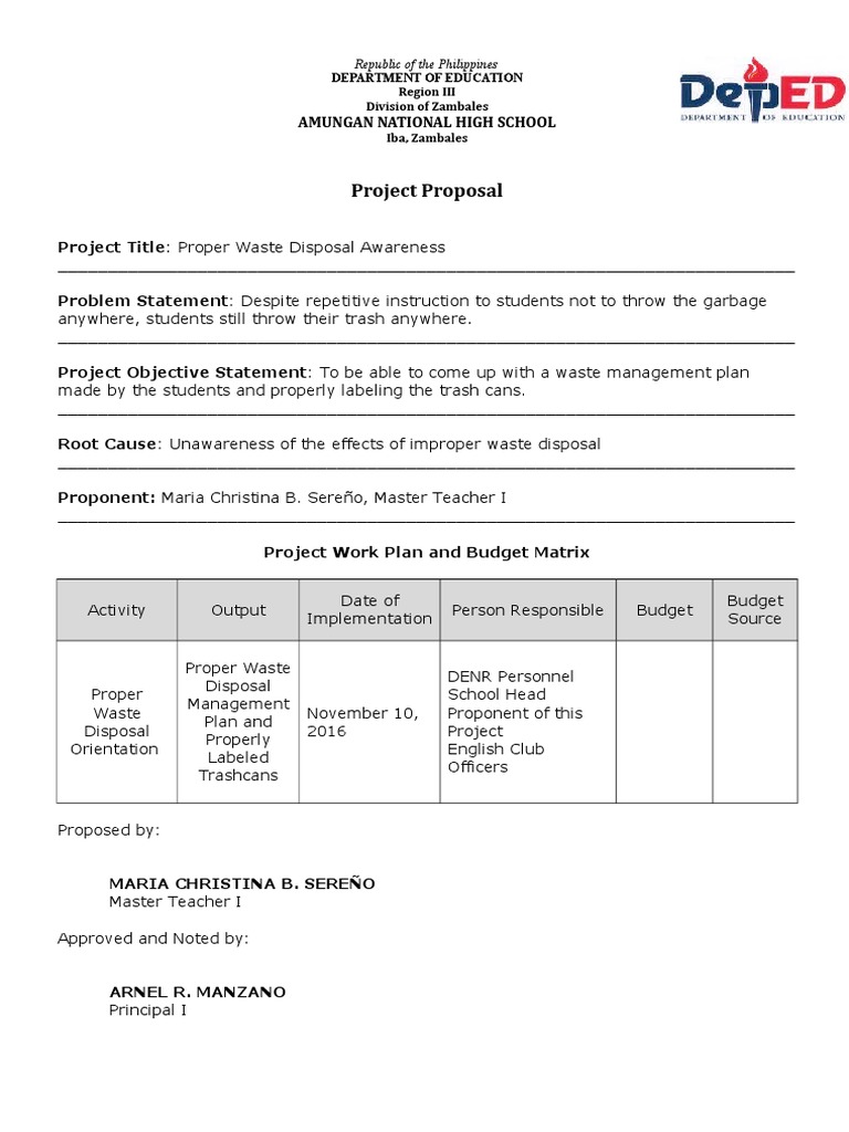 Proper Waste Disposal Work Plan and Budget Matrix | PDF