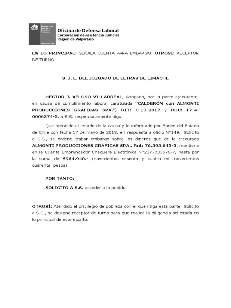 Escrito de Embargo de Cuenta Corriente