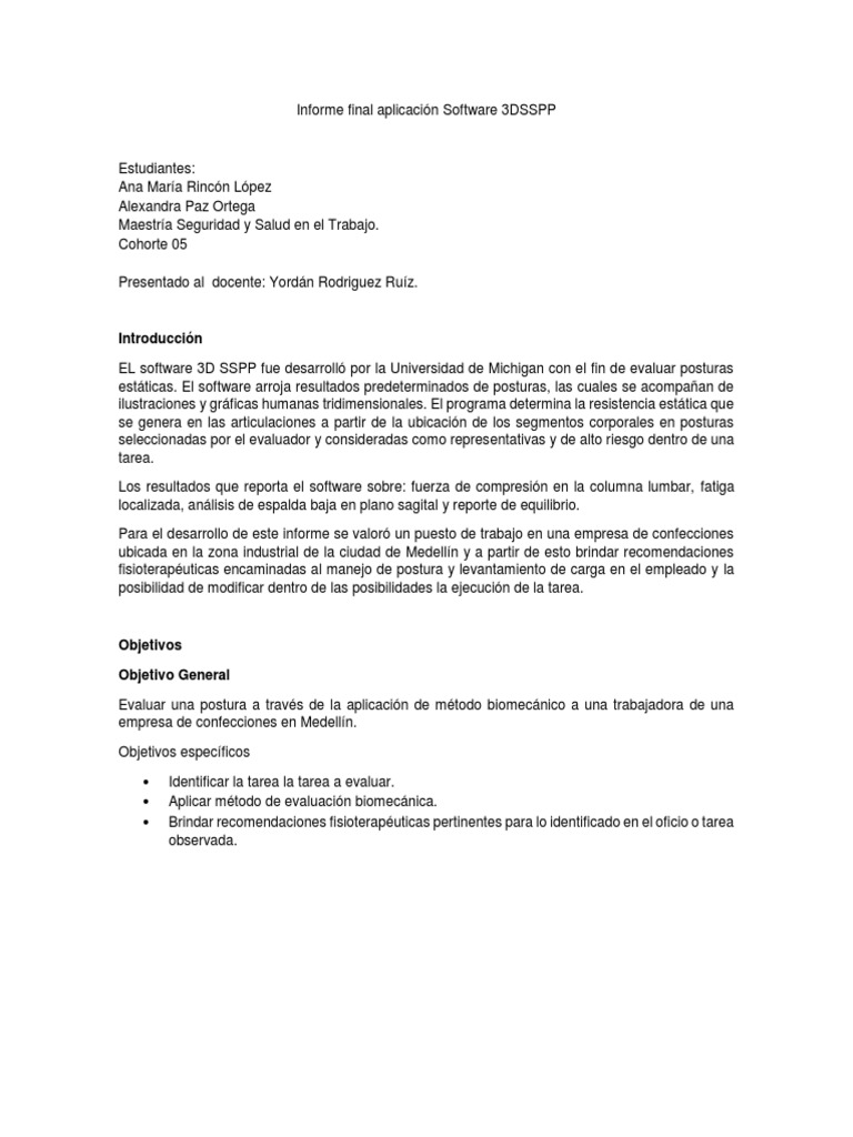 Informe Final Aplicación Software 3DSSPP Final | PDF | Músculo | Codo