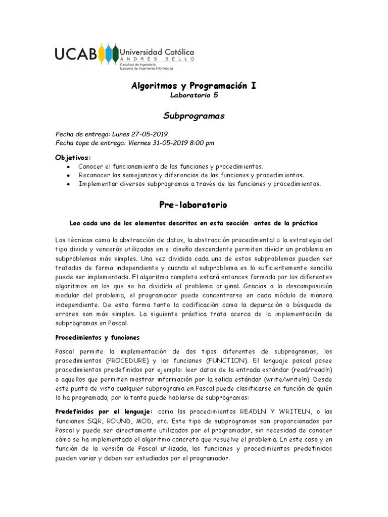 AyP1 Lab5 (Subprogramas) | PDF | Parámetro (programación de computadora) | Subrutina
