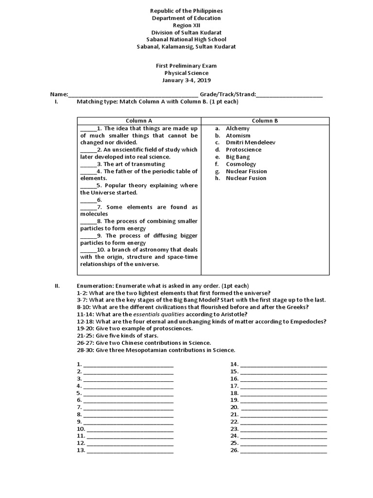 Physical Science Exam Sample For 1st Quarter | PDF | Universe ...