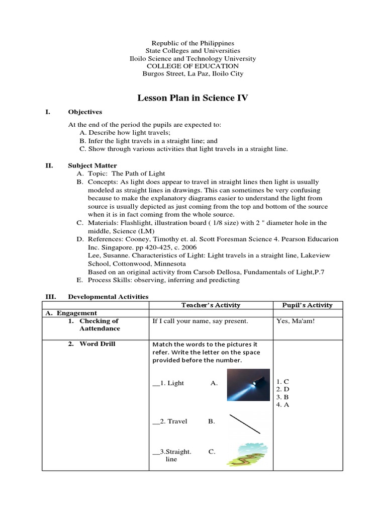 Lesson Plan in Science IV: I. Objectives | PDF | Laser | Light