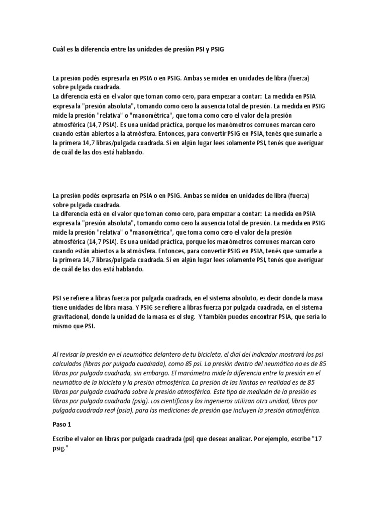 Cuàl Es La Diferencia Entre Las Unidades de Presiòn PSI y PSIG | PDF | Libras por pulgada ...
