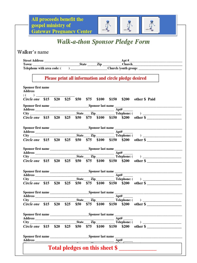 Walk-A-Thon Sponsor Pledge Form: All Proceeds Benefit The Gospel ...
