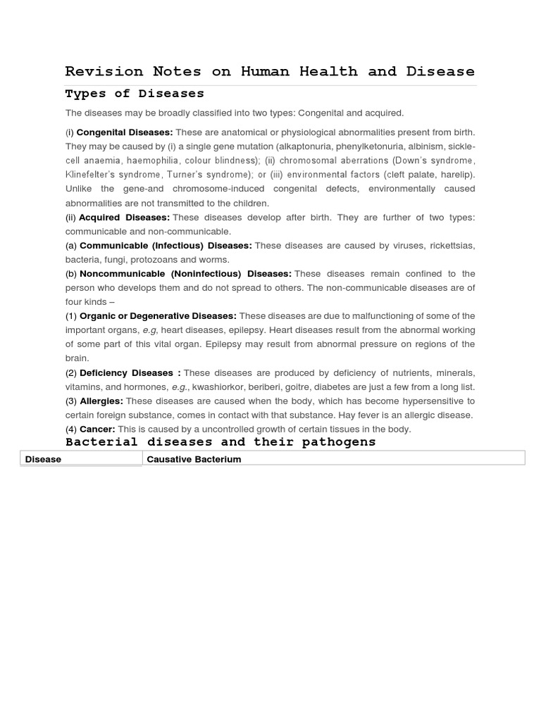 Revision Notes On Human Health and Disease: Types of Diseases | PDF ...