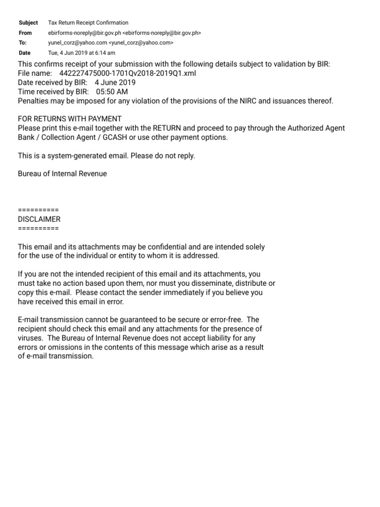 Tax Return Receipt Confirmation Ebirforms-Noreply@bir - Gov.ph Tue, 4 ...