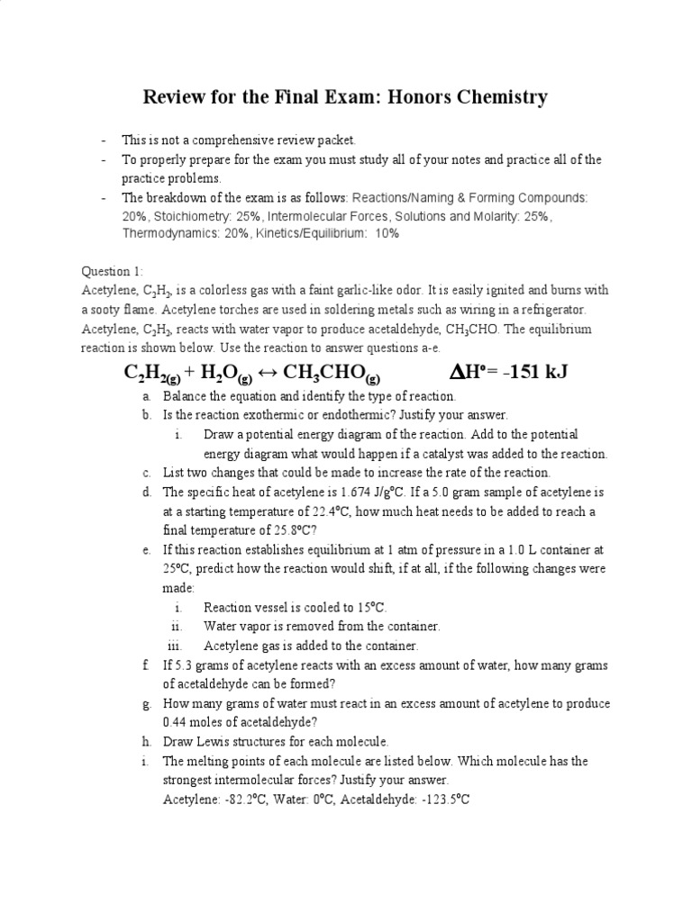 Honors Chemistry Final Exam Review | PDF | Chemical Reactions | Solubility