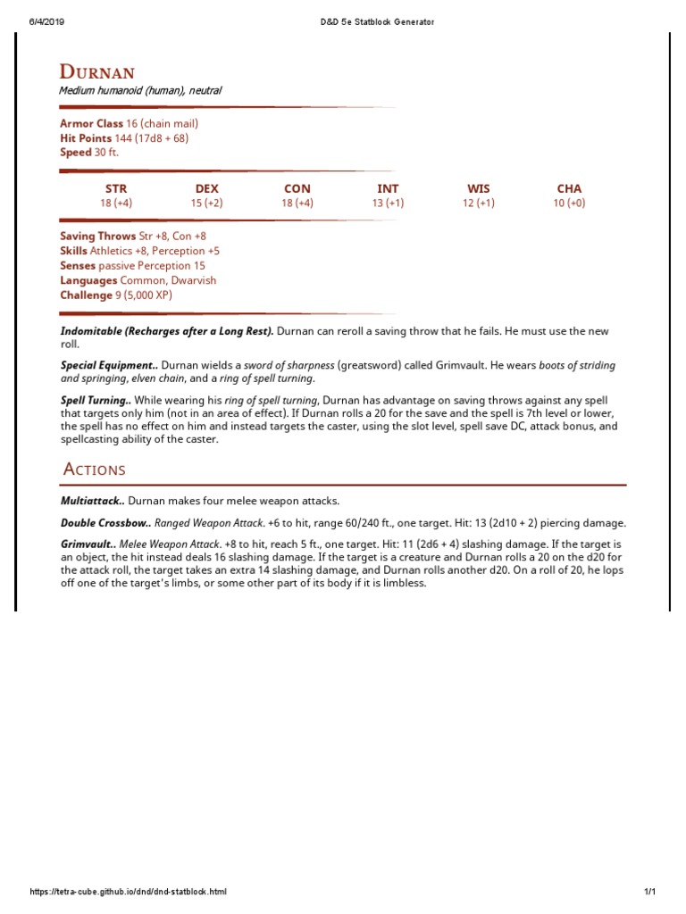 Durnan Statblock | PDF | Gaming | Role Playing Games